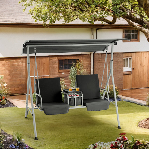 Ebern Designs 2-Seat Patio Porch Swing with Stand, Adjustable Canopy and Cup Holder | Wayfair